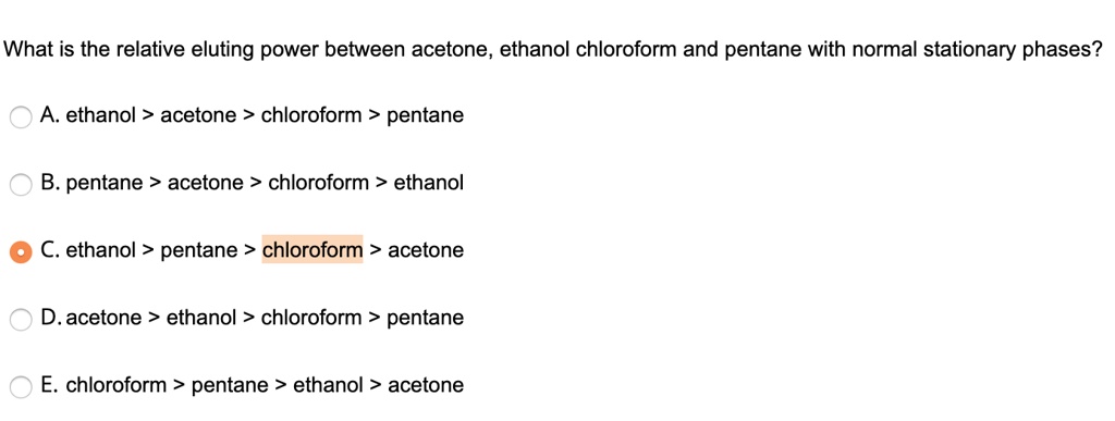 SOLVED: What is the relative eluting power between acetone , ethanol ...