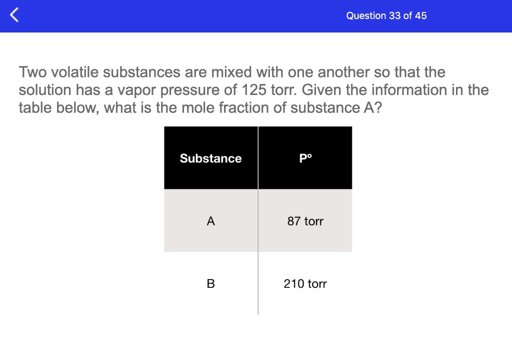SOLVED: Question 33 of 45 Two volatile substances are mixed with one ...