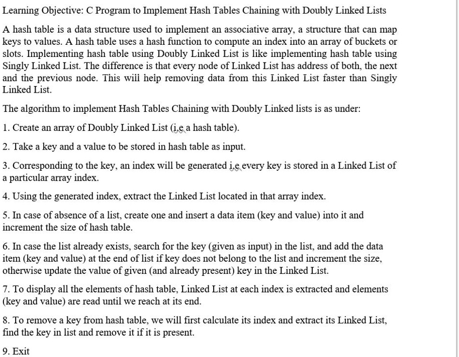 Solved Learning Objective C Program To Implement Hash Tables Chaining With Doubly Linked Lists