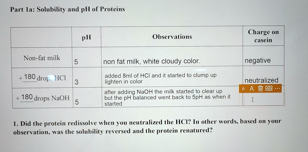 Part Ia: Solubility and pH of Proteins Charge on casein pH Observations Non-fat milk Non-fat ...