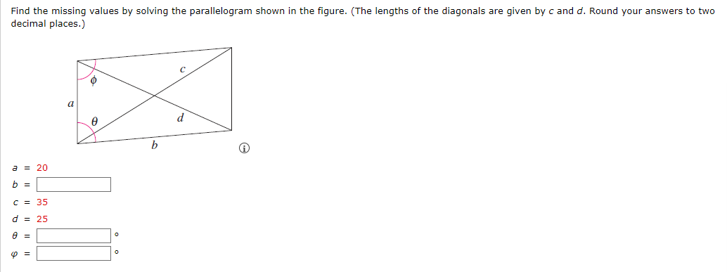 Find the missing values by solving the parallelogram shown in the figure. (The lengths of the ...