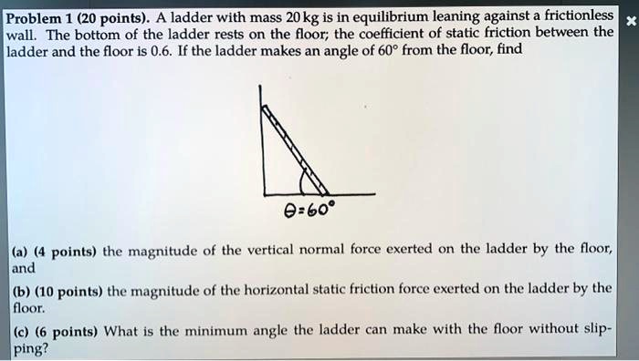 problem 1 20 points a ladder with mass 20kg is in equilibrium leaning jgainst frictionless wall ...