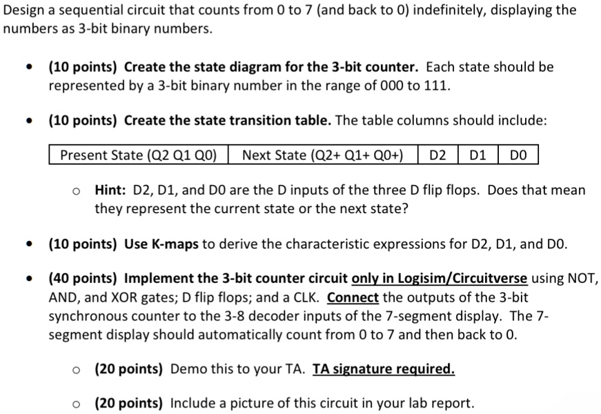 Design a sequential circuit that counts from 0 to 7 (and...