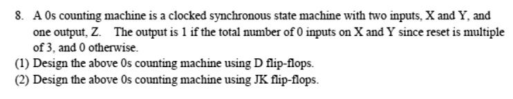 SOLVED: 8. A Os counting machine is a clocked synchronous state machine with two inputs, X and Y ...