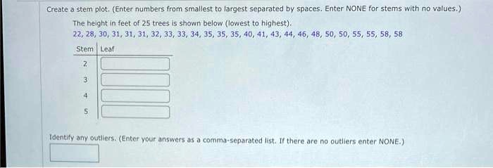 Create a stem plot. (Enter numbers from smallest to largest, separated by spaces. Enter NONE for ...