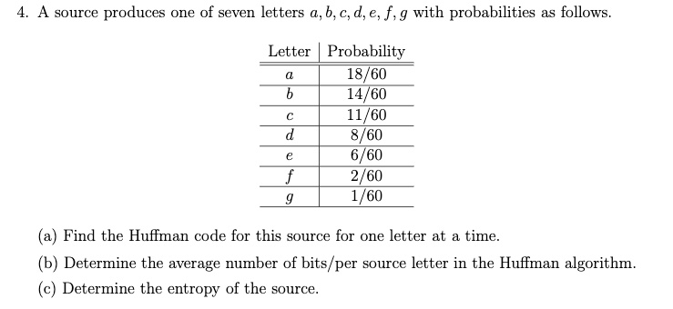 SOLVED: The source produces one of seven letters: a, b, C, d, e, f, or g, with probabilities as ...