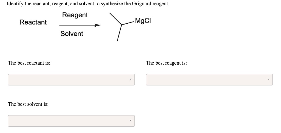 SOLVED: Identify the reactant; reagent; and solvent to synthesize the Grignard reagent Reagent ...