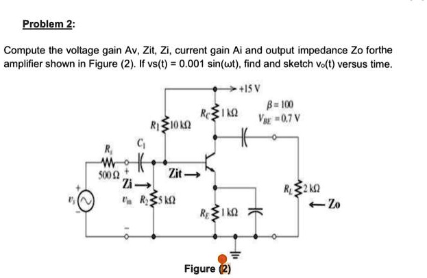 SOLVED: Problem 2: Compute the voltage gain Av, Zin, Zi, current gain Ai, and output impedance ...
