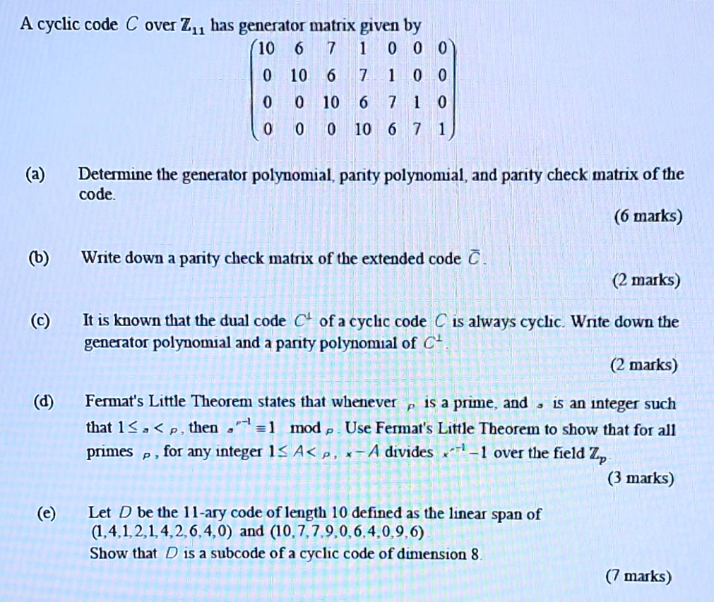 texts a determine the generator polynomial parity polynomial and parity check matrix of the code ...