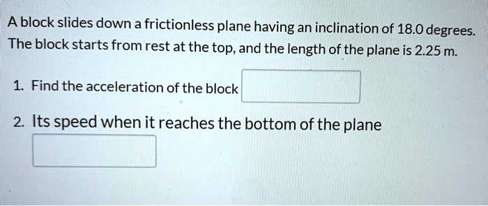 SOLVED: A block slides down a frictionless plane having an inclination of 18.0 degrees The block ...