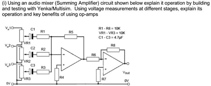 (i) Using an audio mixer (Summing Amplifier) circuit shown below ...