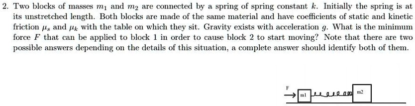 SOLVED:Two blocks of masses m1 and mg are connected by spring of spring constant k Initially the ...