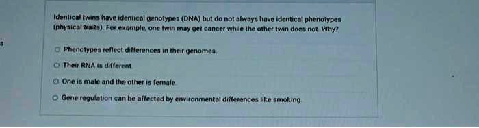 SOLVED: Identical twins have identical genotypes (DNA) but do not ...