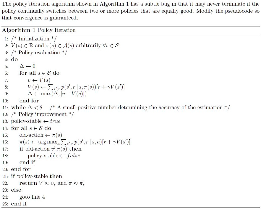 Solved The Policy Iteration Algorithm Shown In Algorithm 1 Has A Subtle Bug In That It May