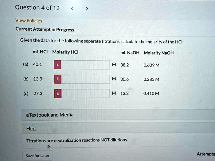 SOLVED: Question 4 of 12 View Policies Current Attempt in Progress Given the data for the ...