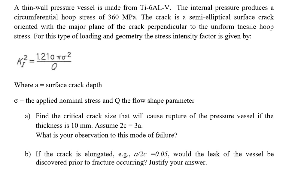 SOLVED: A thin-wall pressure vessel is made from Ti-6AL-V. The internal ...