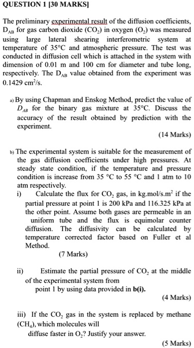 SOLVED: MASS TRANSFER QUESTION 1 [30 MARKS] The preliminary experimental result of the diffusion ...
