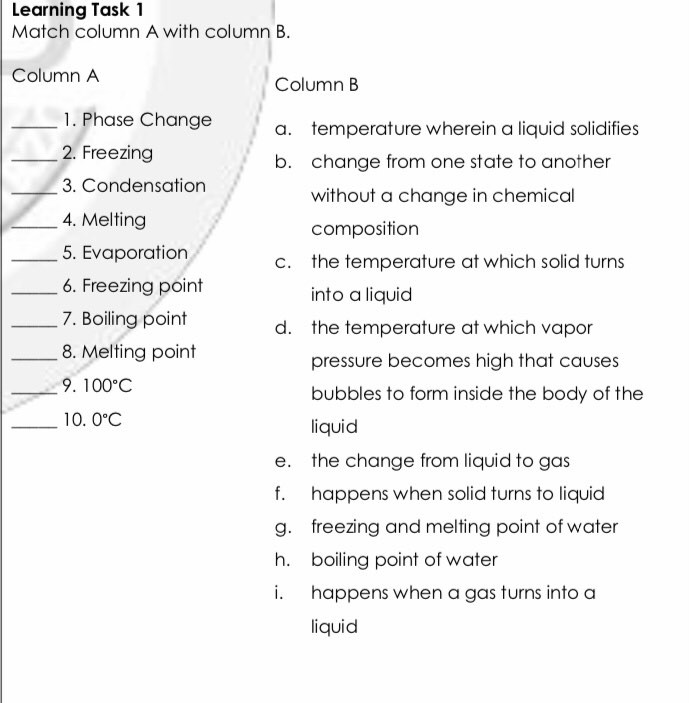SOLVED: Learning Task 1 Match column A with column B. Column A Column B 1. Phase Change a ...