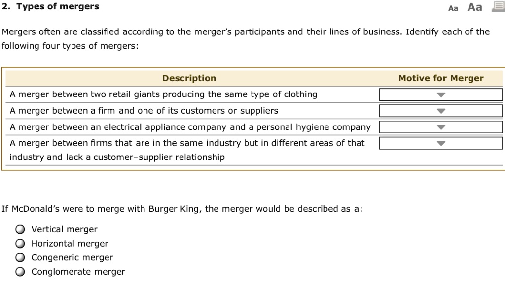 2. Types of mergers Mergers often are classified according to the ...