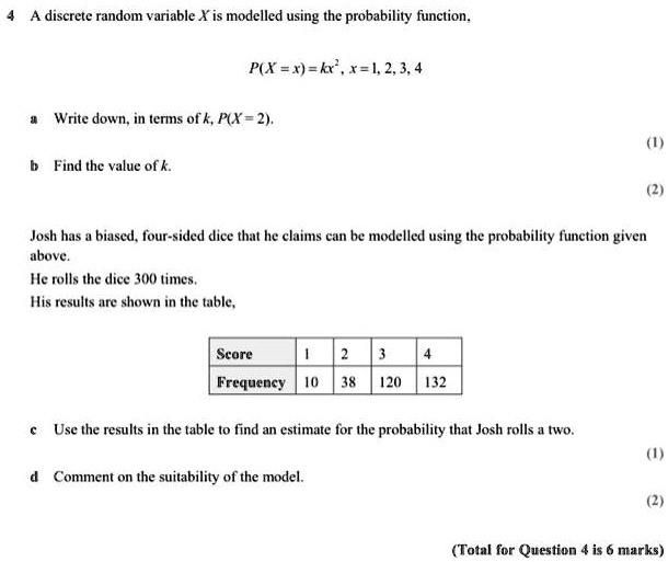 A discrete random variable X is modeled using the probability function P(X=r) = kr^2, r=1,2,3,4 ...
