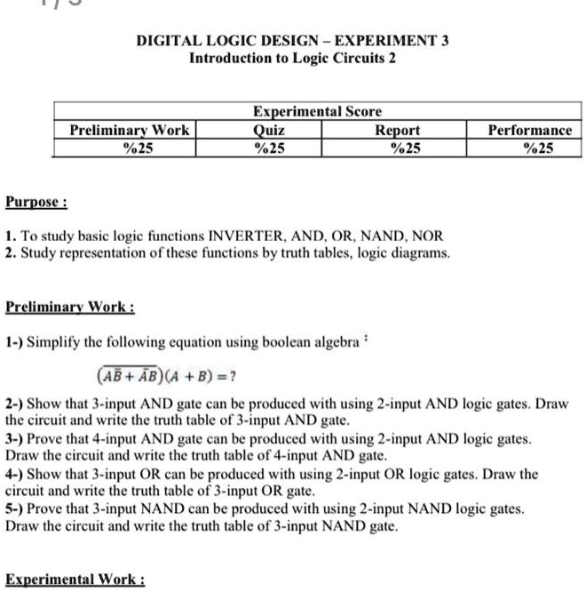 SOLVED: DIGITAL LOGIC DESIGN EXPERIMENT 3 Introduction to Logic ...