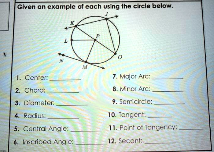 given an example of each using the circle below 1 center 7 major arc 2 ...