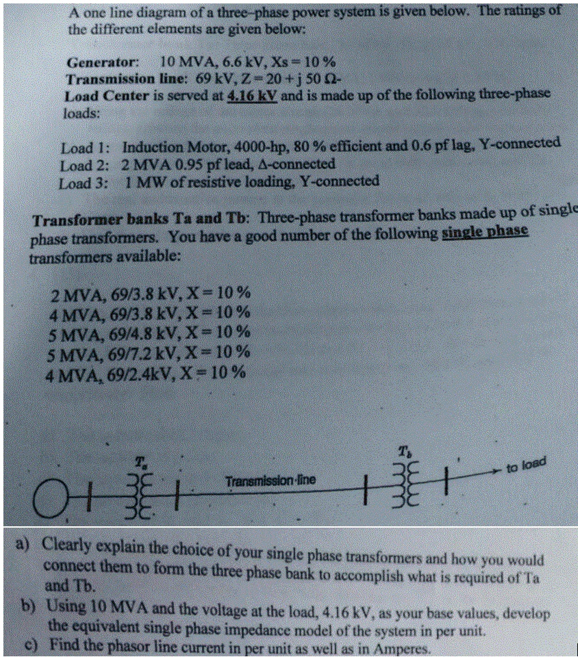 SOLVED: A one-line diagram of a three-phase power system is given below. The ratings of the ...