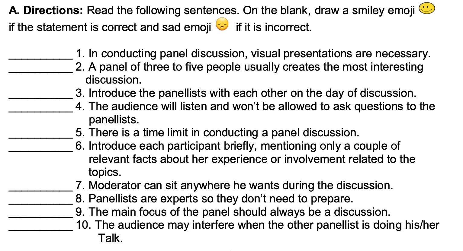 a directions read the following sentences on the blank draw a smiley ...