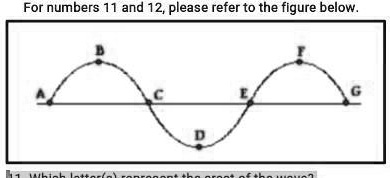 SOLVED: 11. Which letter(s) represent the crest of the wave? a. A b. B ...