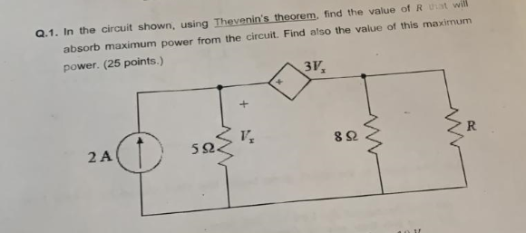 Q.1. In the circuit shown, using Thevenin's theorem, find the value of R unat will absorb ...