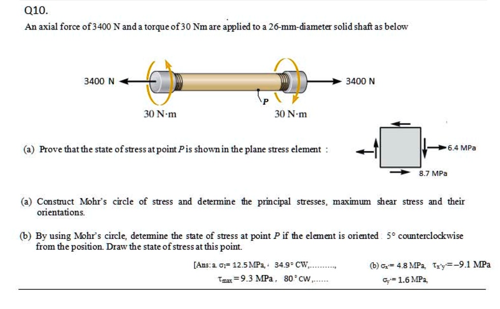Text: Q10. An axial force of 3400 N and a torque of 30 Nm are applied to a 26-mm diameter solid ...