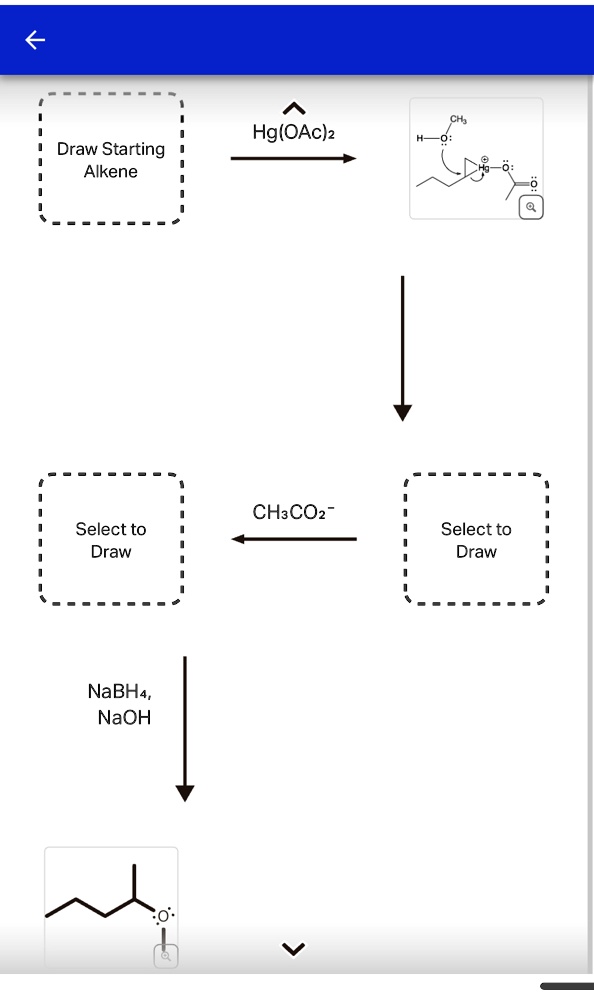 SOLVED: Draw Starting Alkene Hg(OAc)(2) Select to Draw NaBH(4), NaOH Hg ...