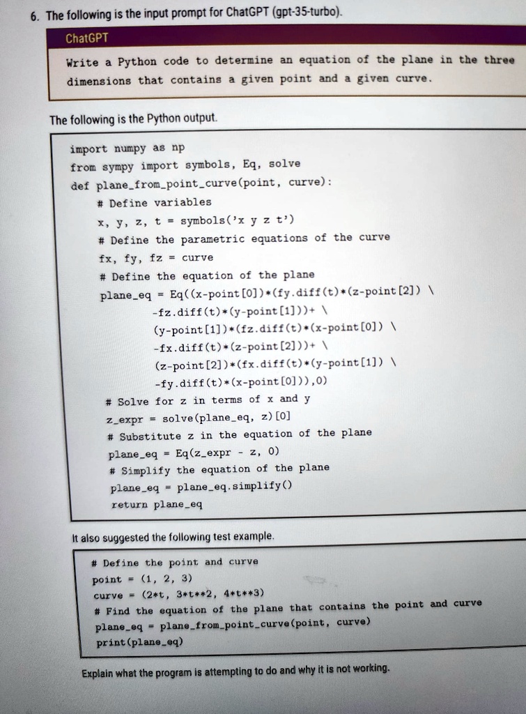 Solved The Program Is Attempting To Determine An Equation Of The Plane In Three Dimensions That