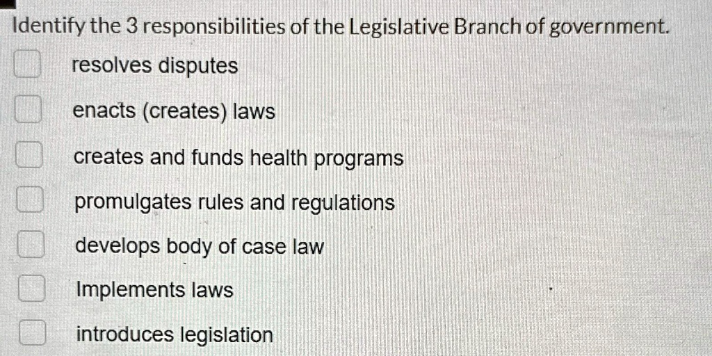 Identify the 3 responsibilities of the Legislative Branch of government ...