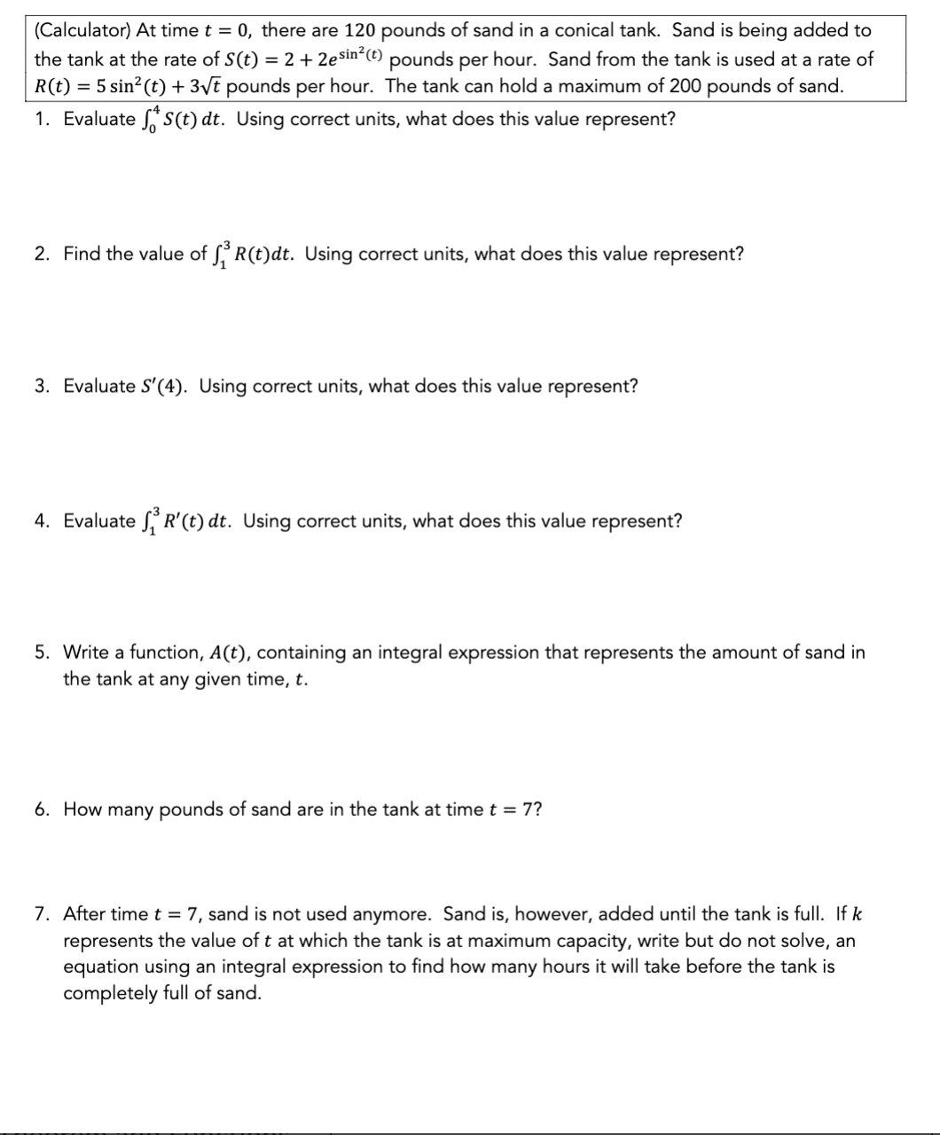 (Calculator) At time ( t=0 ), there are 120 pounds of sand...