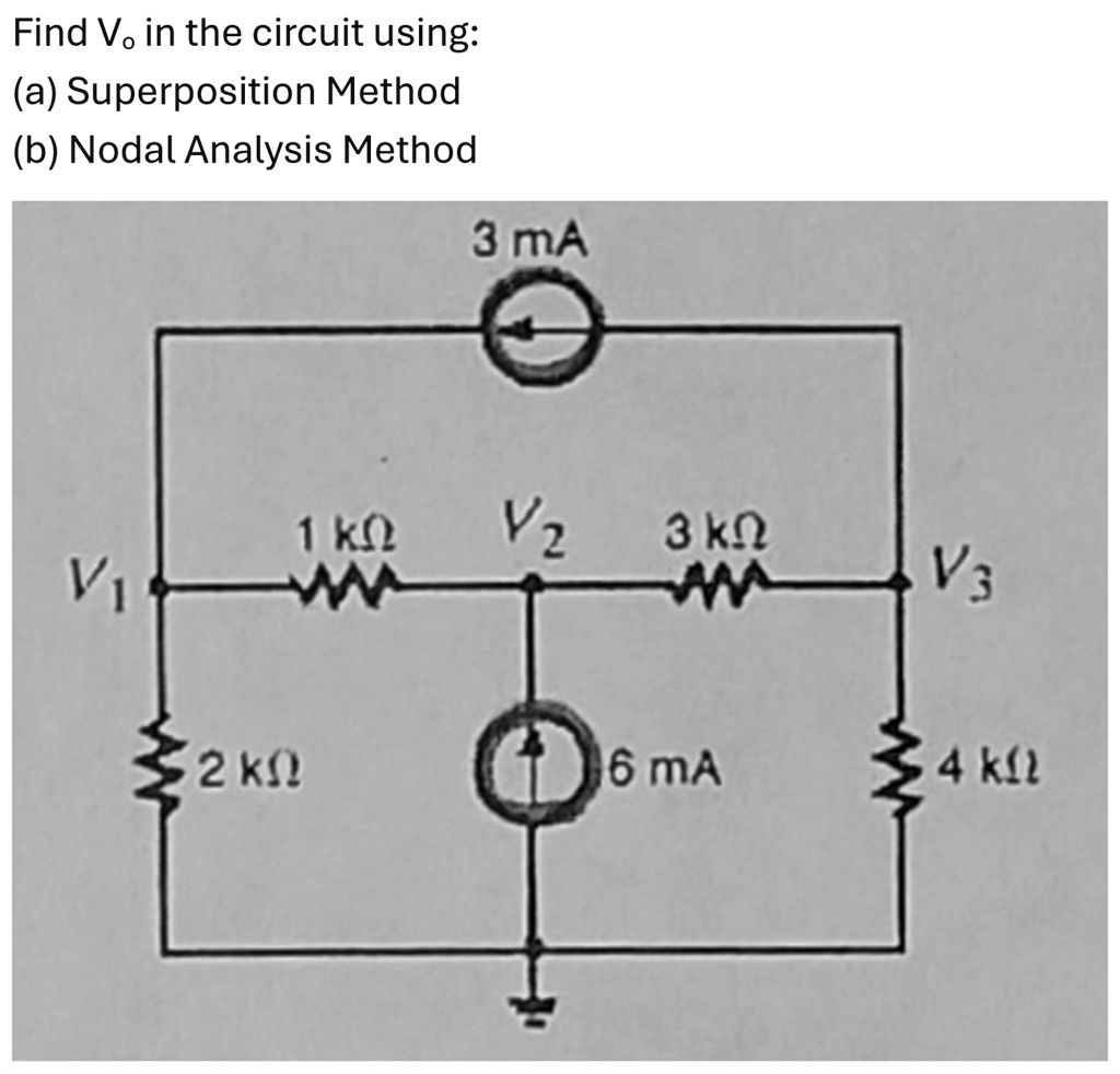Find V(0) in the circuit using: (a) Superposition Method (b) Nodal Analysis Method Find V. in ...