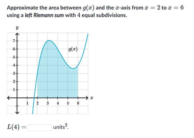 SOLVED: Approximate the area between g(x) and the x-axis from x=2 to x=6 using a left Riemann ...