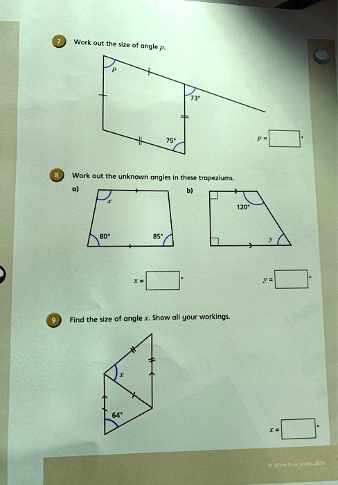 SOLVED: Work = out the size of angle Work= out the unknown angles thcse trapeziums Find the size ...