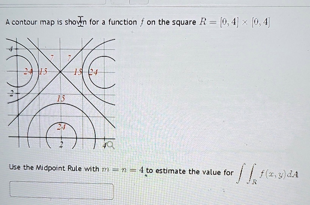SOLVED: A contour map is shown for a function f on the square R = [0,4] x [0,4]. Use the ...