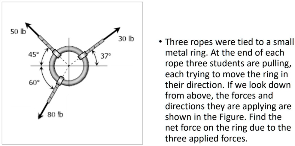 SOLVED: 50 Ib 30 Ib Three ropes were tied to a small metal ring: At the ...
