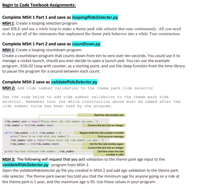 Begin to Code Textbook Assignments: Complete MSH 1 Part 1...