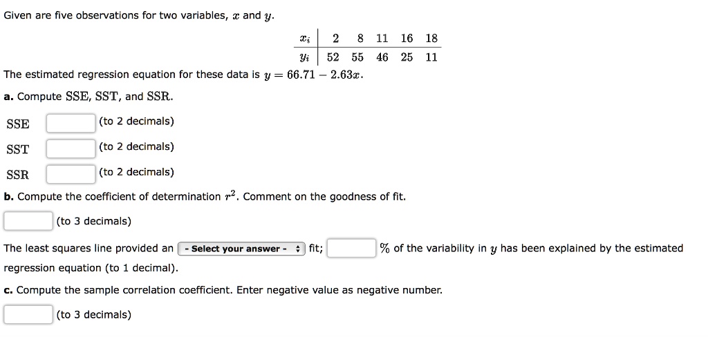 SOLVED: Given are five observations for two variables x and y. 2 11 16 18 yi | 52 55 46 25 11 ...
