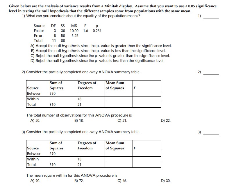 Given below are the analysis of variance results from a Minitab display. Assume that you want to ...