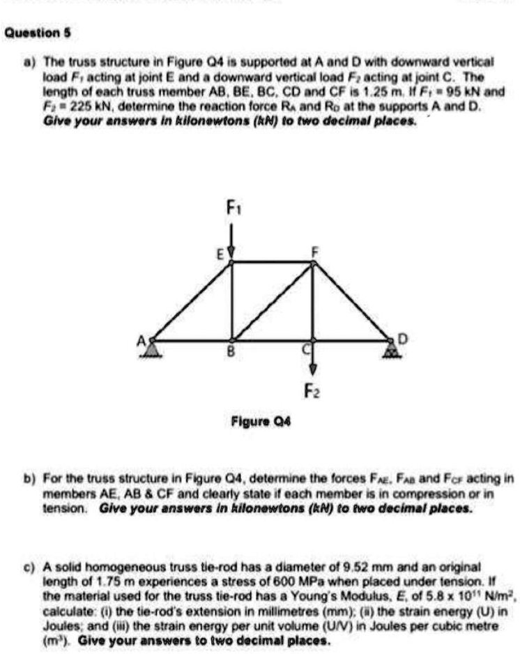SOLVED: a) The truss structure in Figure Q4 is supported at A and D with downward vertical load ...