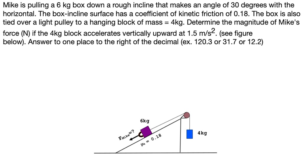 SOLVED: Mike is pulling a 6 kg box down a rough incline that makes an angle of 30 degrees with ...