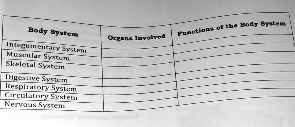 SOLVED: Functions of the Body System Body System Organs Involved Integumentary System Muscular ...