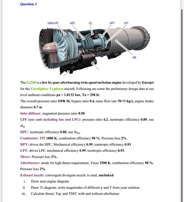 SOLVED: Question3 FAN+LPF HPC CC HPT LPT AB The EJ200 is a low by-pass ...