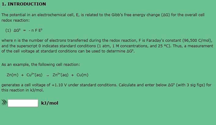 SOLVED: INTRODUCTION The potential in an electrochemical cell, E, is ...