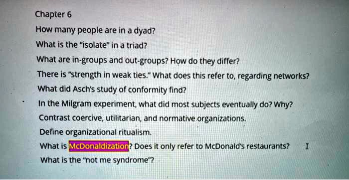 SOLVED: Chapter 6: How many people are in a dyad? What is the isolate ... SOLVED: Chapter 6: How many people are in a dyad? What is the isolate ...