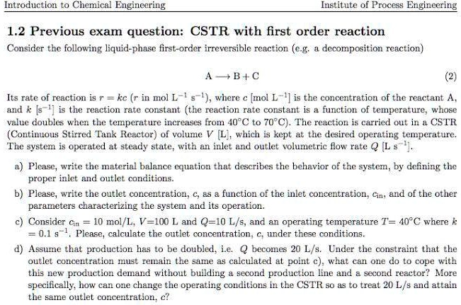 SOLVED: Introduction to Chemical Engineering Institute of Process Engineering 1.2 Previous exam ...
